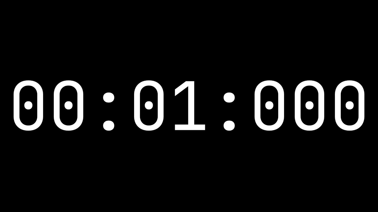 Countdown timer 1 second [00:01:000] - White on black with milliseconds ...