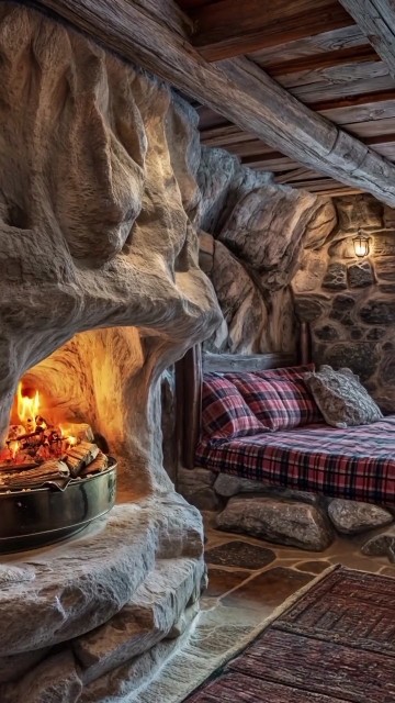 Stone Fireplace Cabin with Cozy Plaid Bedding, Wooden Beams, Warm ...