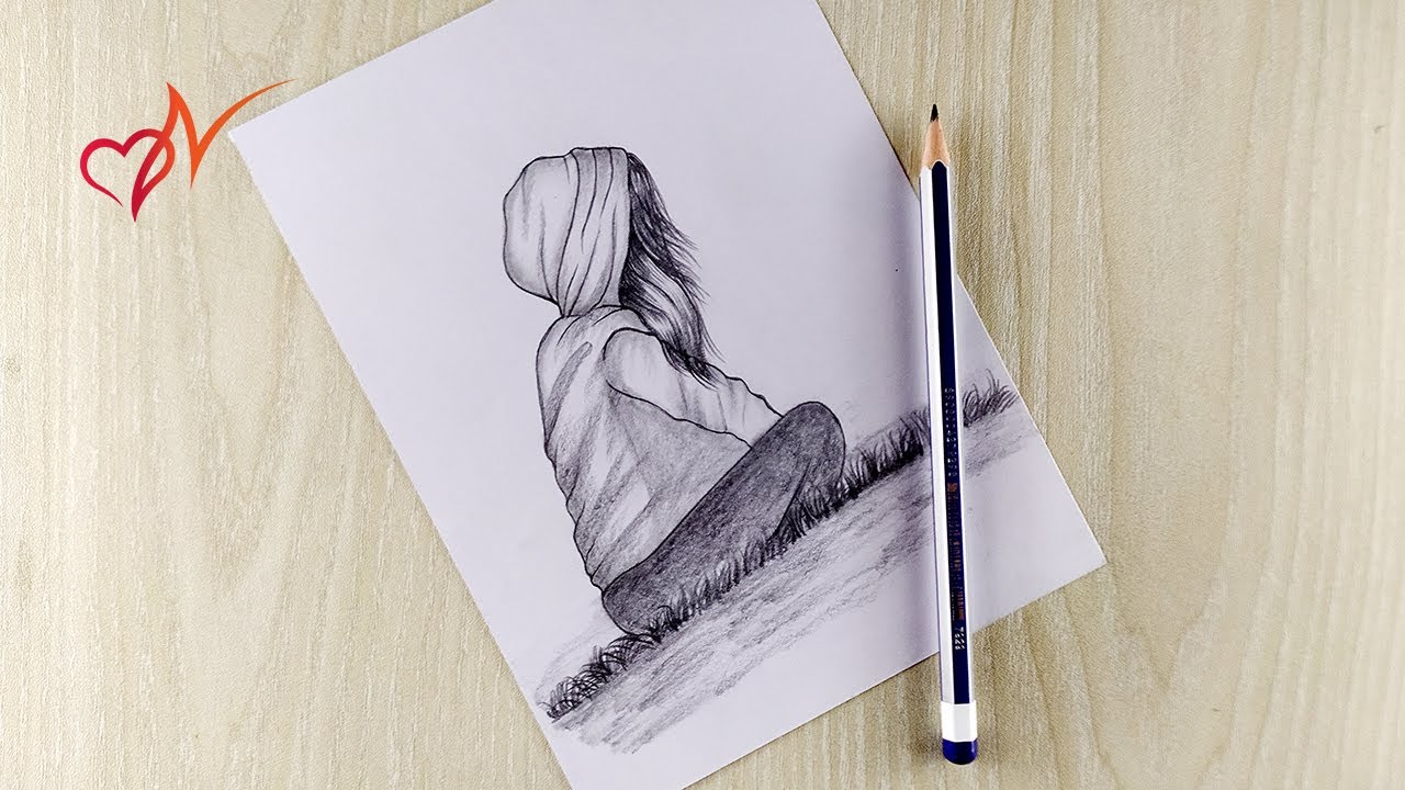 How to draw a lonely girl sitting on grass | Realistic pencil drawing ...