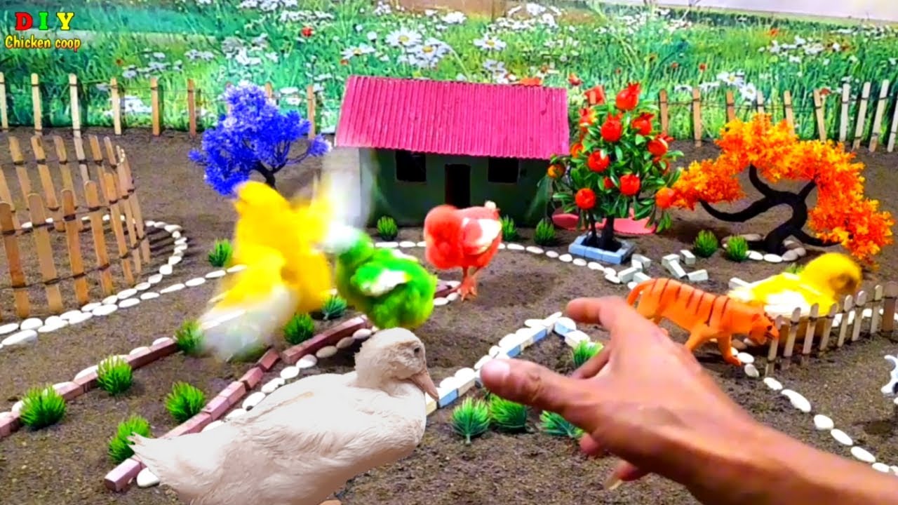 Diy farm diorama with mini house set up small colorful chicken coops ...