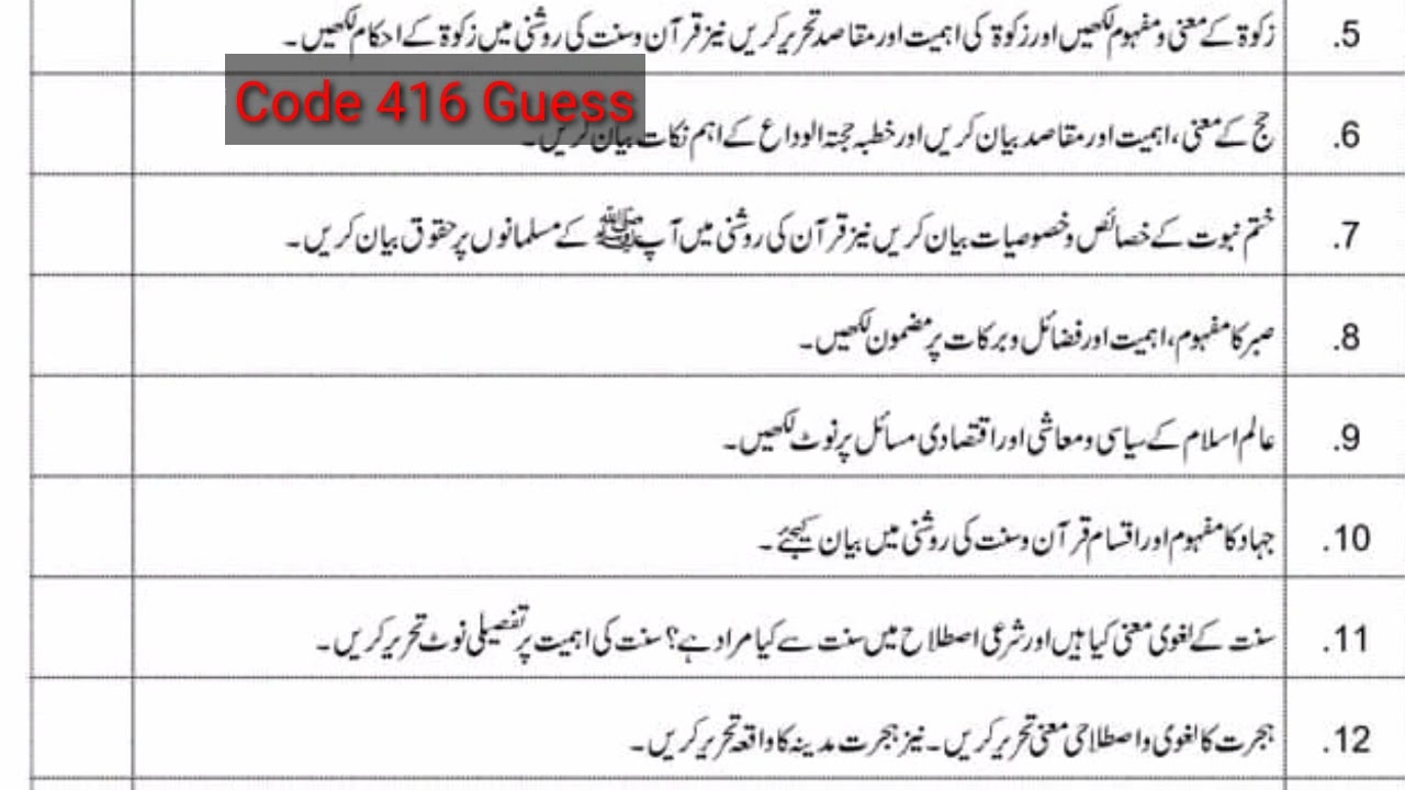Islamiyat 416 BA guess paper Aiou | Course code 416 islamic study ...