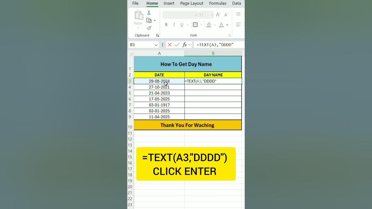 How to get day name in excel ? #excelworld #excelformula #excelshorts #exceltips - YouTube
