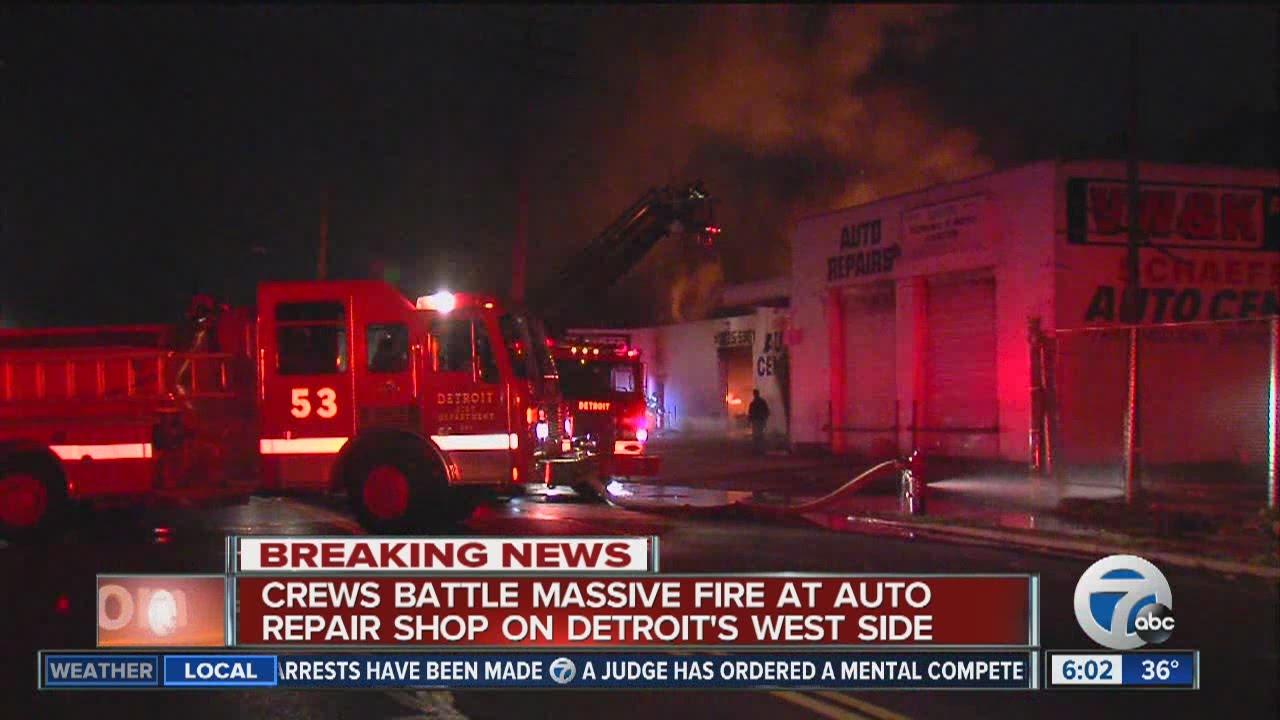 Crews battle massive fire at auto repair shop on Detroit's west side ...