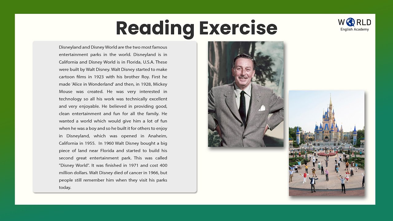 Reading Exercise with answers - Disneyland || Level A || Easy English ...