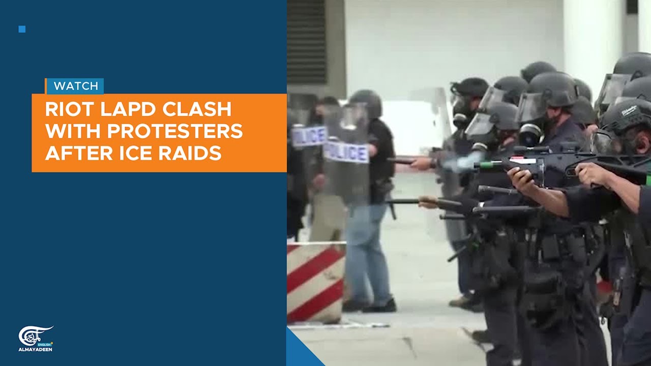 Riot LAPD clash with protesters after ICE raids - YouTube