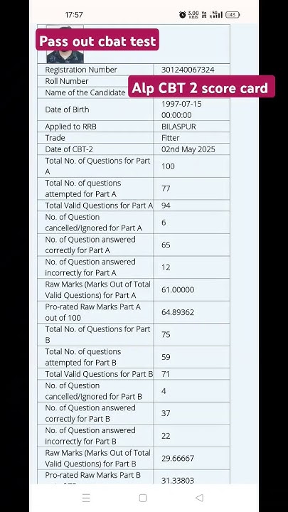 ALP CBT 2 score card #alp cbt2 result cbat#railwayexam #alpexam - YouTube
