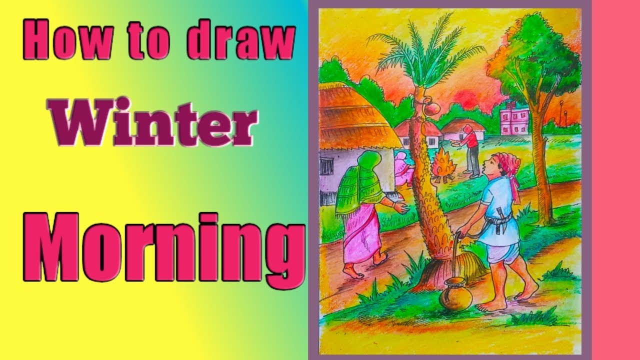 How to draw winter morning||winter morning Drawing||How to draw winter ...