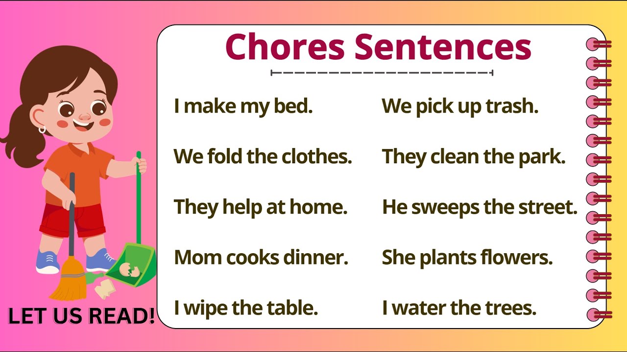 CHORES SENTENCES FOR KIDS | EASY ENGLISH SPEAKING PRACTICE | Read along ...