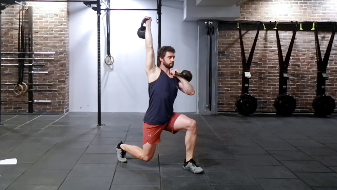 Mixed grip kettlebell rack overhead split stance half squat isometric ...