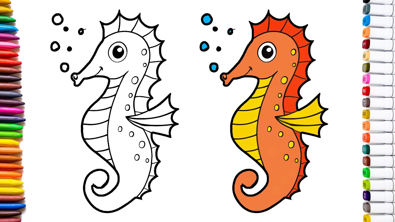 Draw cute SEAHORSE 🌊 🐴 💧 🐠 | Step by Step | Easy drawing for kids - YouTube