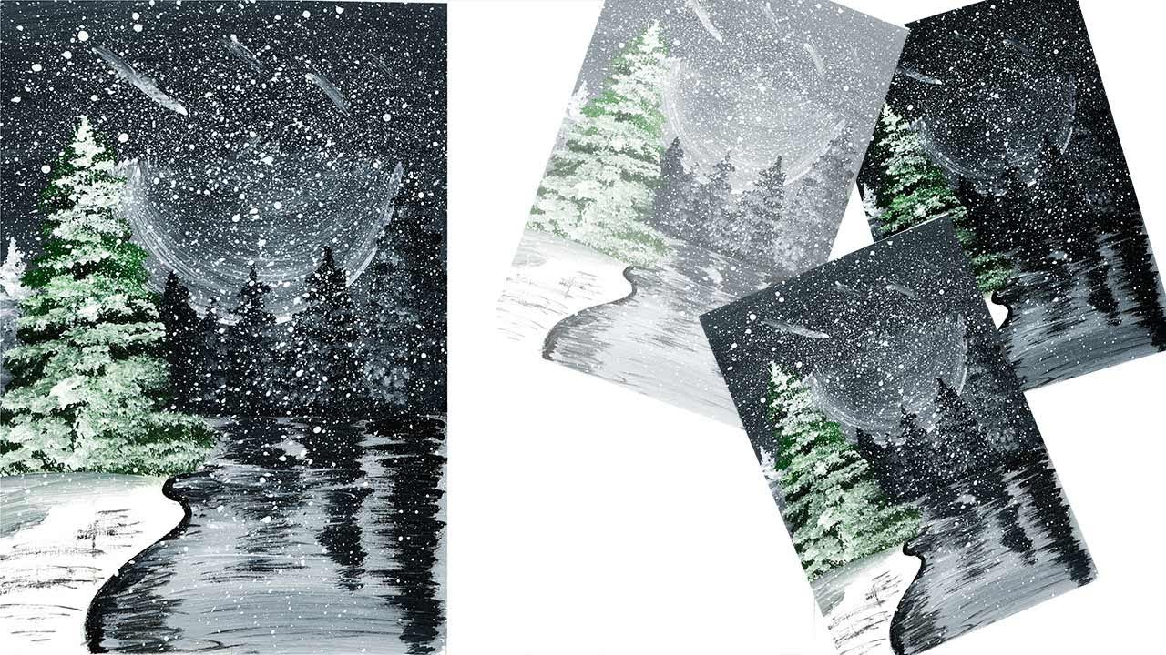 Как нарисовать зимнюю ночь в лесу Рисуем Зимний лес Рисуем елку легко Правополушарное