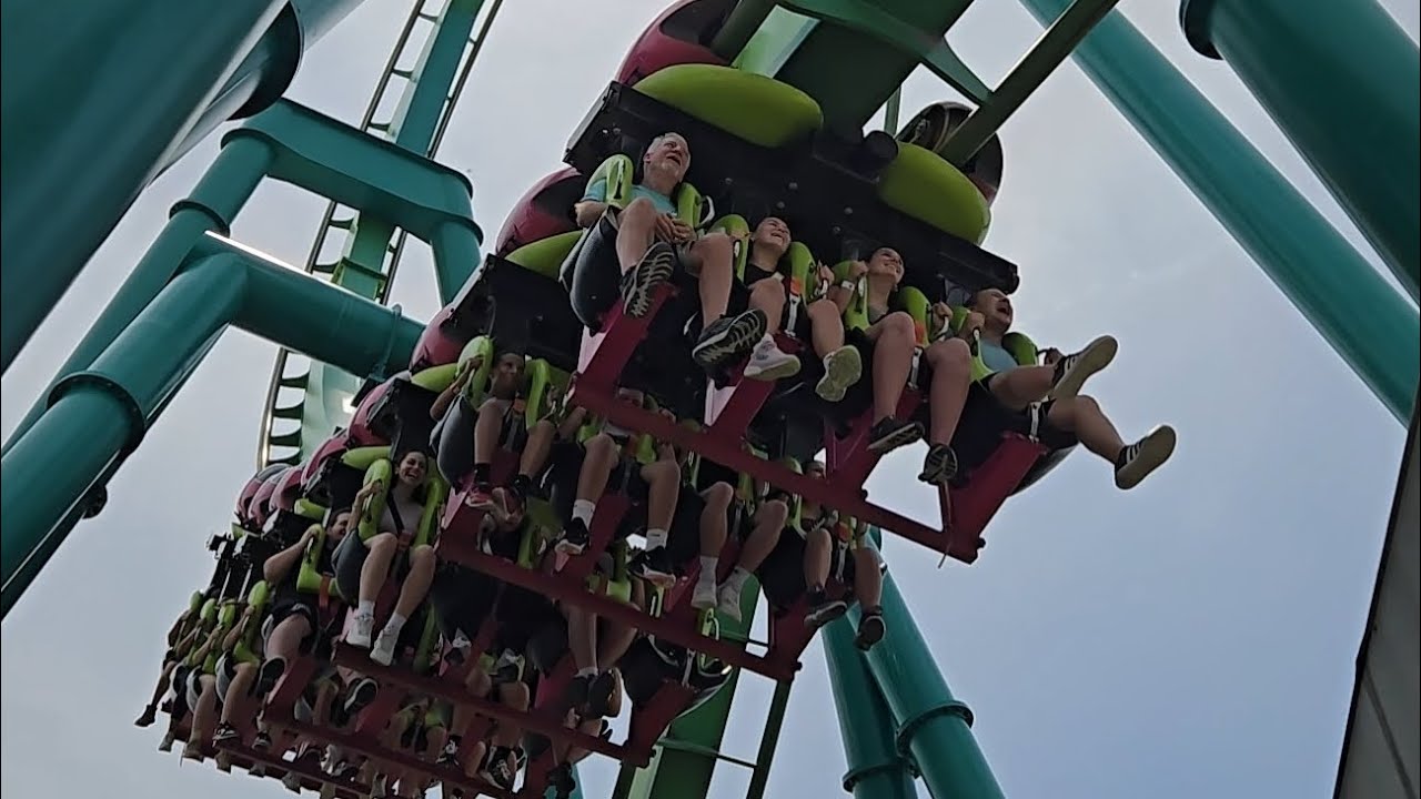 Raptor roller coaster going down 1st hill & through Loop at Cedar Point ...