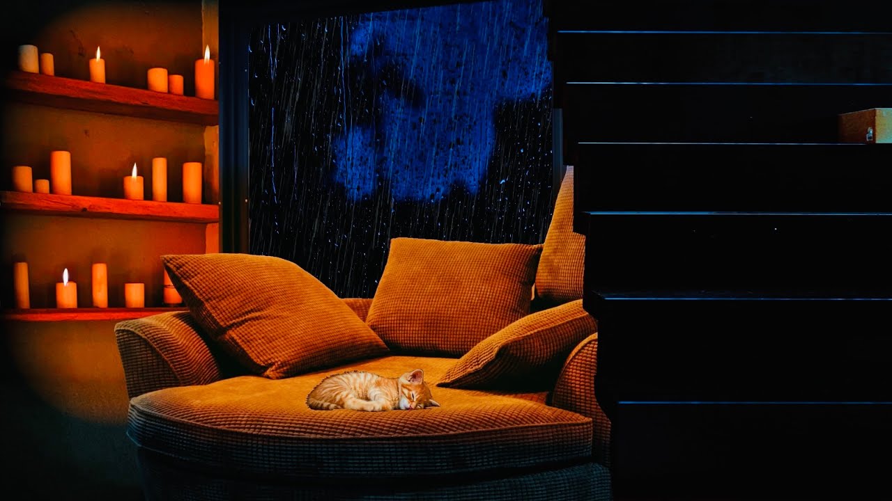 Cat Deep Sleep Snoring Next to Rainy Window | Gentle Rain Sounds & Cat ...