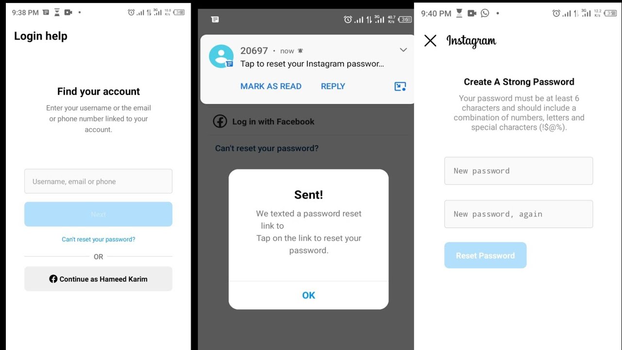 Instagram We texted a password Reset link +92 tap on the link to reset ...