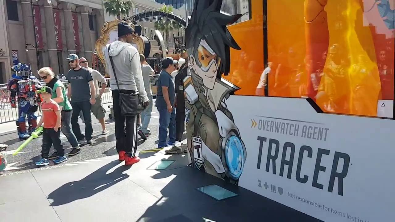 Overwatch - Checking out the giant Tracer figure in Hollywood - YouTube