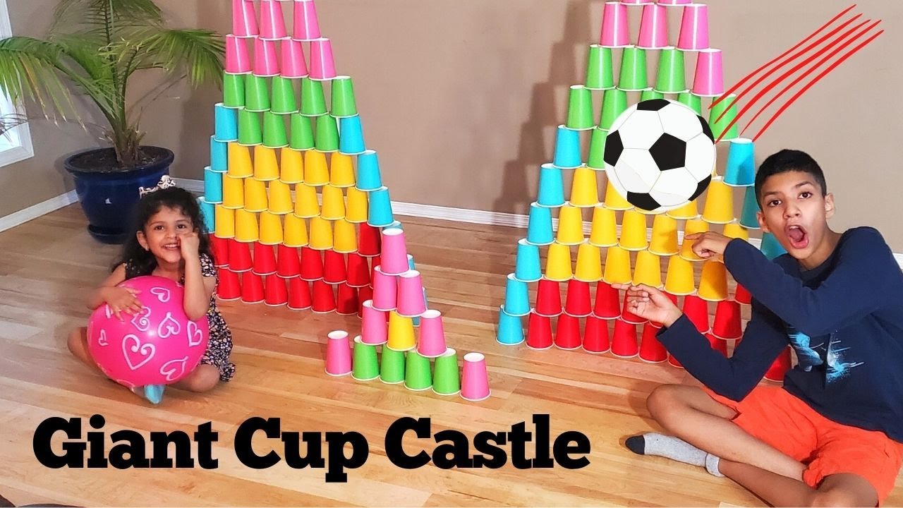 Pretend Play STACKING Game with Giant Cup Wall I Stacking a cup Pyramid ...