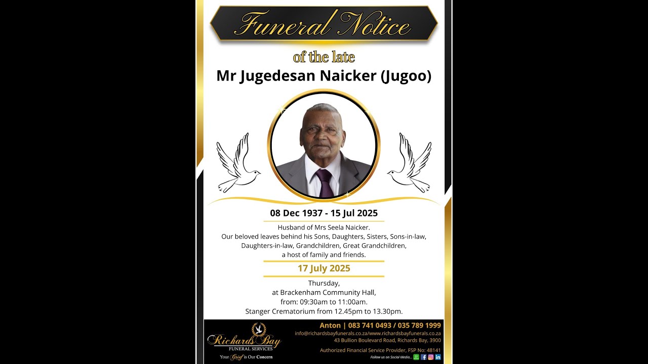 Funeral Service : Mr Jugedesan Naicker (Jugoo) - YouTube