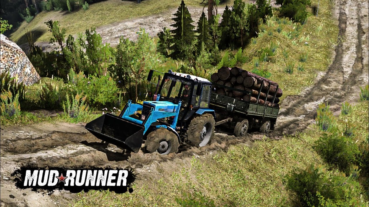 Mini Tractor with Wood Trailer stuck in Mud! Mudrunner Gameplay - YouTube
