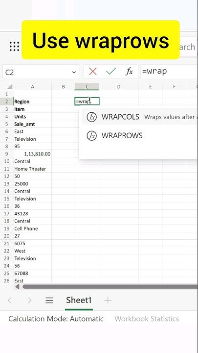 Wraprows function in excel #exceltips #exceltutorial #shorts - YouTube