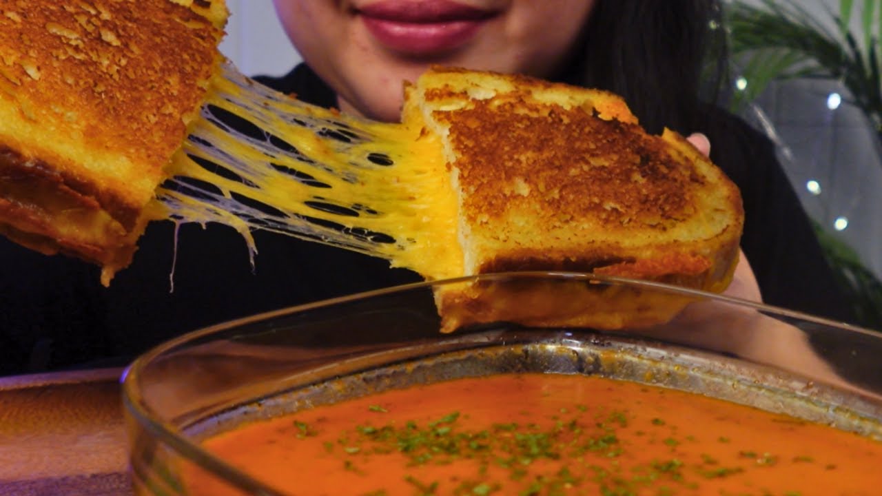 ASMR | ULTIMATE GRILLED CHEESE SANDWICH WITH TOMATO BISQUE | *CHEESE ...