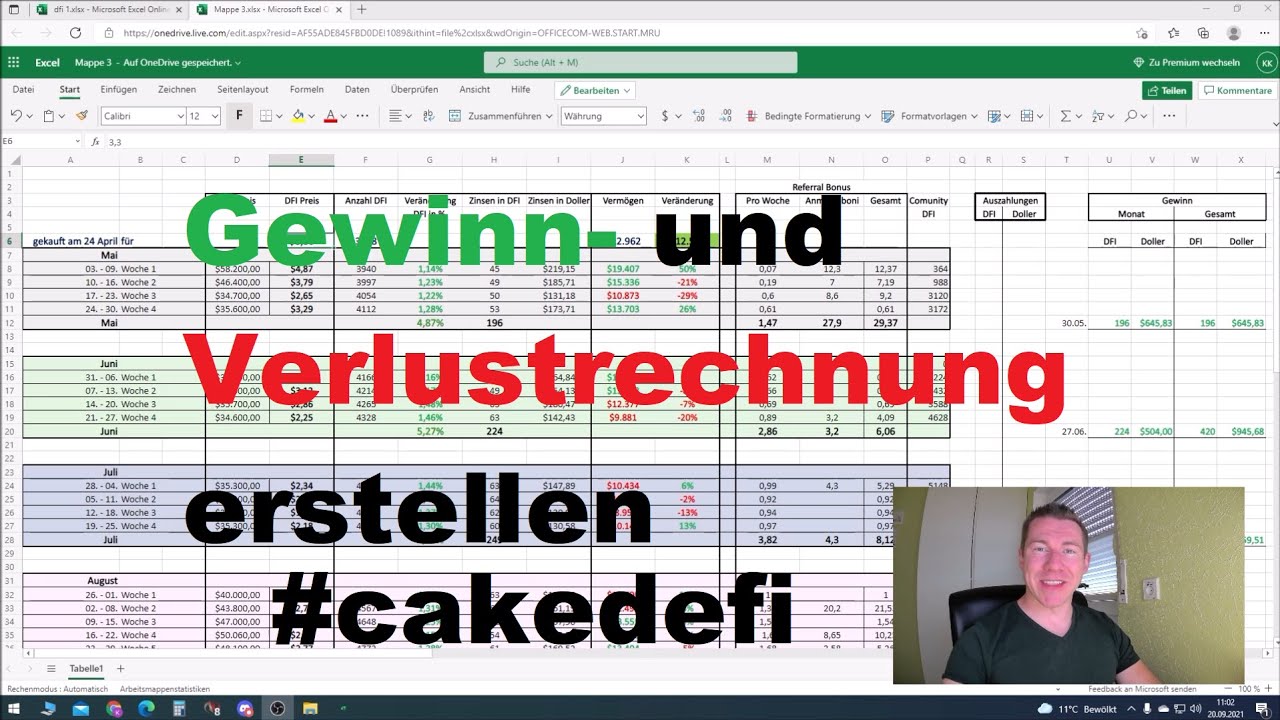 CakeDefi Gewinn- und Verlustrechnung Excel Tabelle erstellen (volle ...