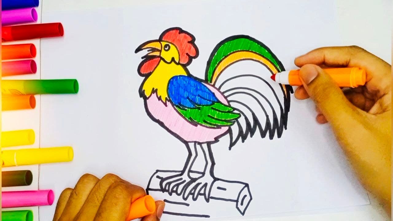 Drawing and Coloring for kids - How to draw rooster - abc songs ...