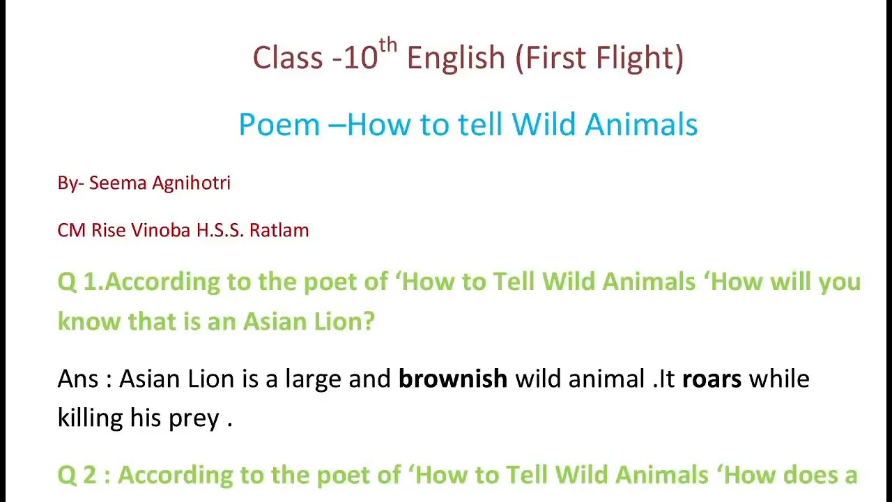 Class 10th English,Poem - How to tell wild animals/short answers/ easy ...