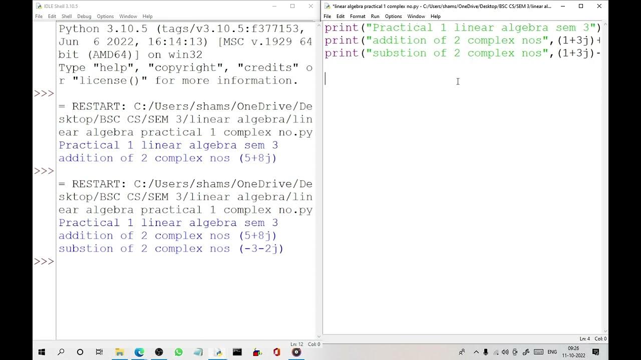 Linear algebra using python practical 1 A complex no |Sem 3| BSC CS | Mumbai university - YouTube
