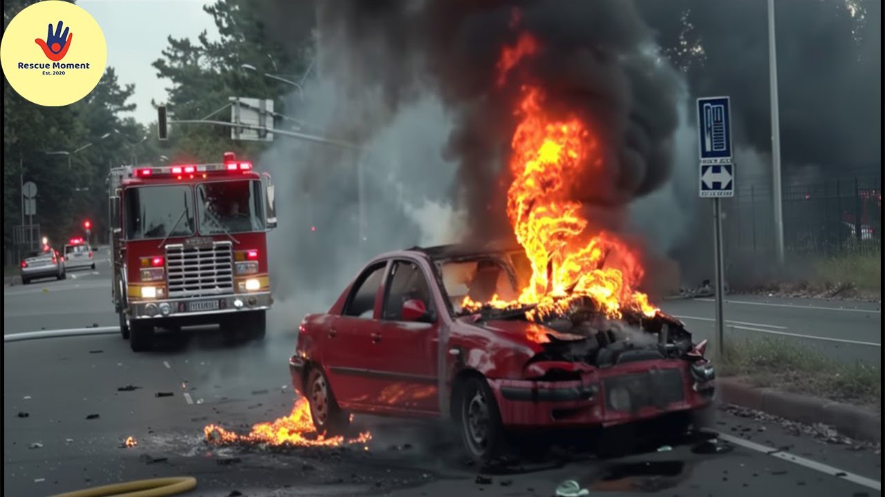 Horrible car fire on the street and the helplessness of the car owner ...