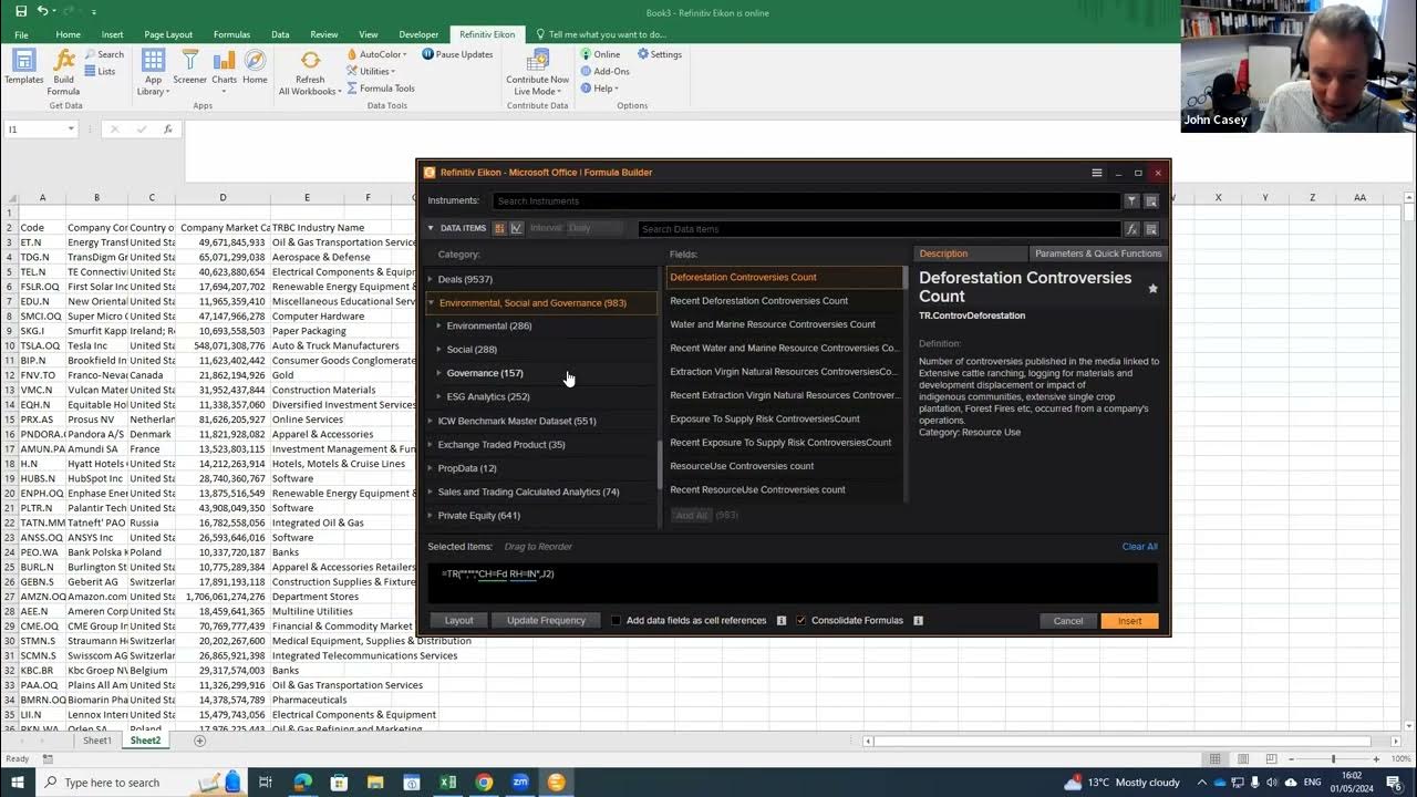 Refinitive Eikon - Using the Excel Add in to gather ESG data - YouTube