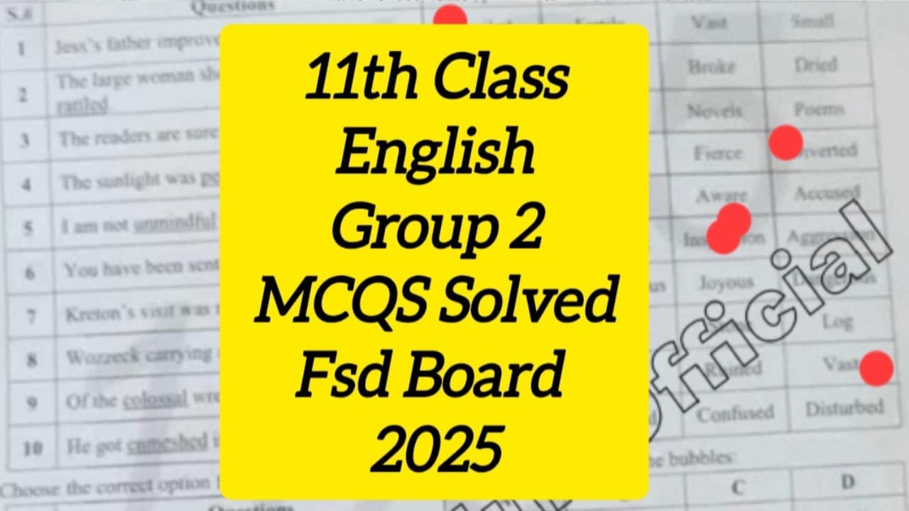 1st year English solved mcqs Fsd board group 2 paper 2025 11th English ...