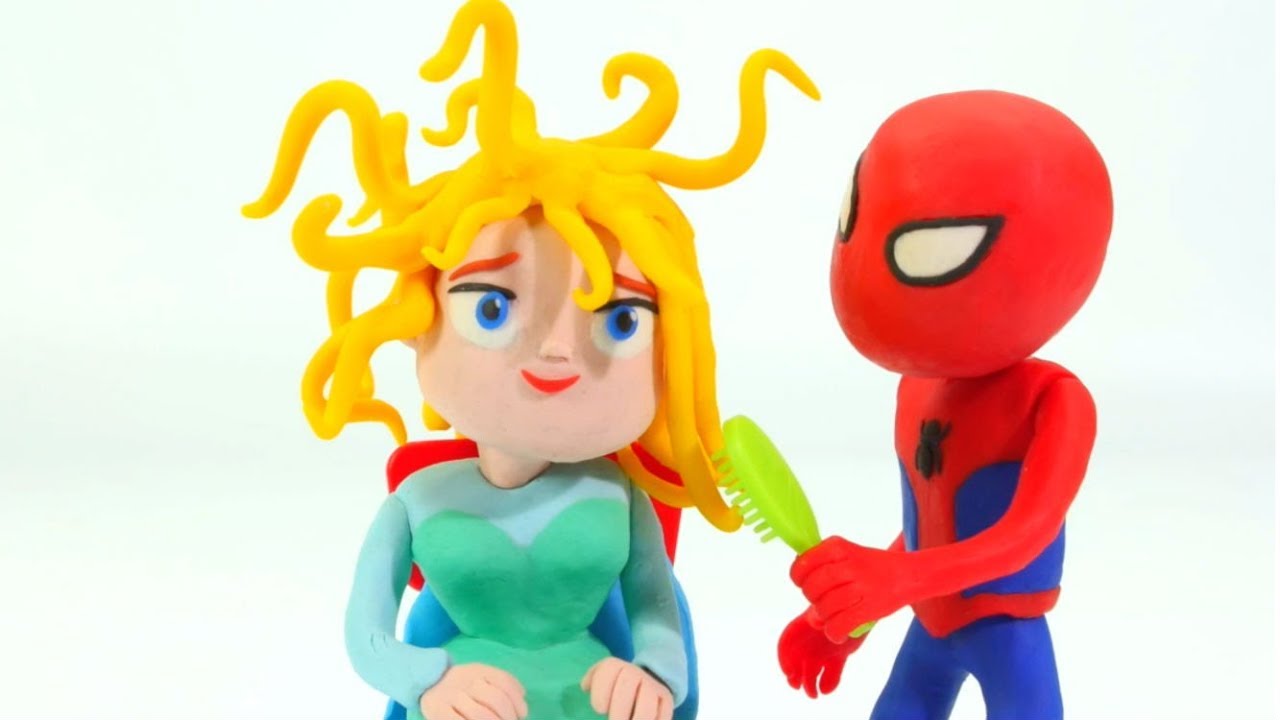 Spiderman Brushes Frozen Elsa Hair Superhero & Frozen Play Doh Cartoons ...