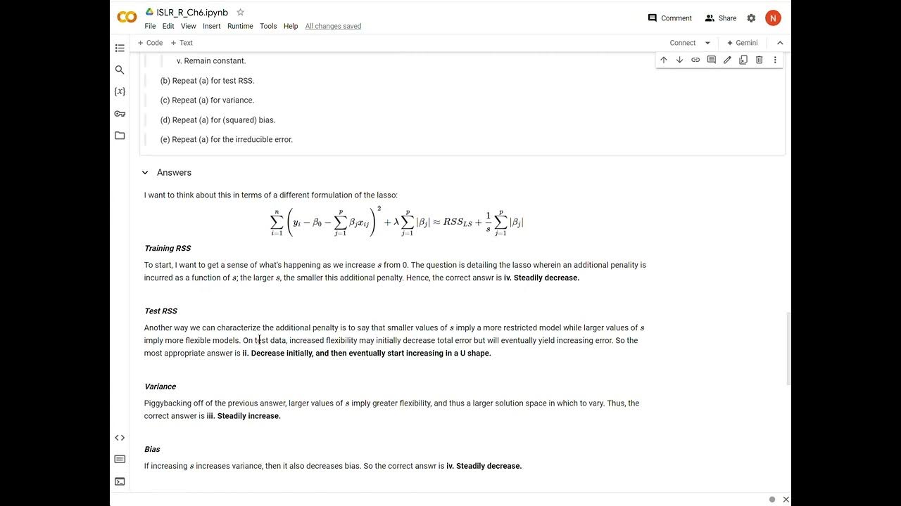 Intro to Statistical Learning (2nd Ed), Solution to Problem 6.3C | Error with Lasso - YouTube