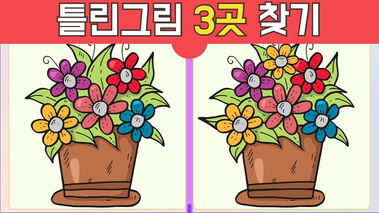 기억력 향상 프로젝트 활짝 핀 꽃화분 틀린그림찾기 Find The 3 Differences 집중력 기억력 다른그림