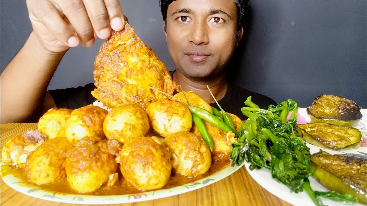 Spicy Egg curry Eating, Egg Pouch Curry, pui sak, brinjal Fry, Asmr ...
