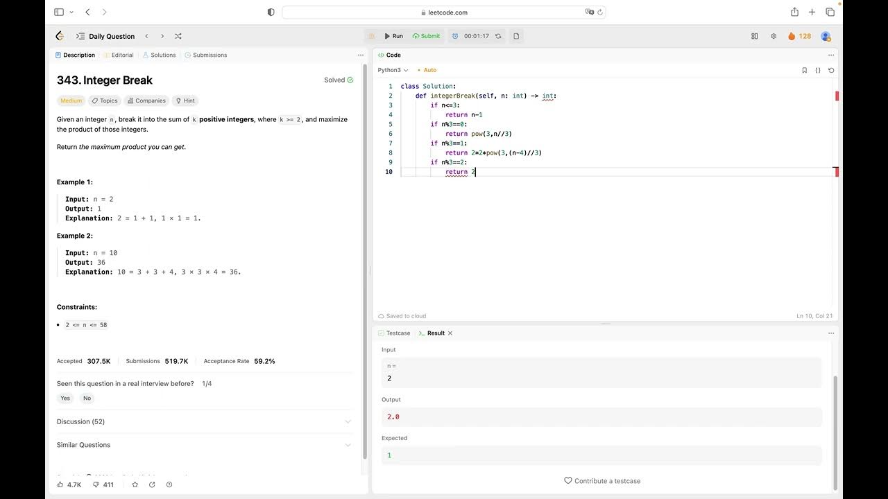 Leetcode 343 Integer Break Daily Question Python Solution Youtube