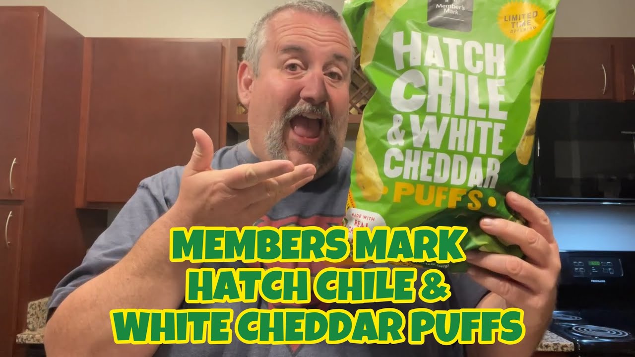 Members Mark Hatch Chile & White Cheddar Puffs - YouTube