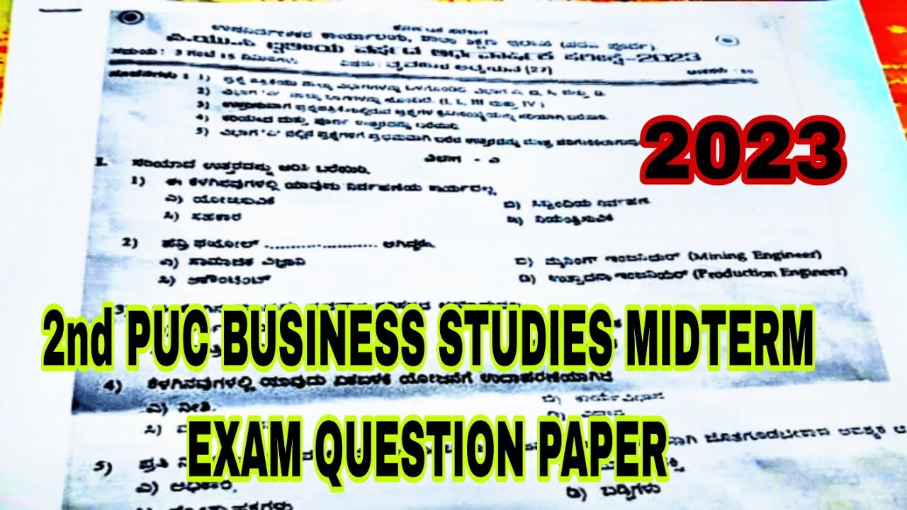 2ND PUC BUSINESS STUDIES MIDTERM EXAM QUESTION PAPER 2023 - YouTube