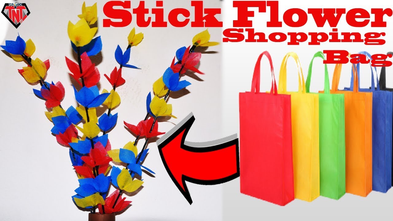 how to make waste cloth bag flower stick || DIY recycled shopping bag ...
