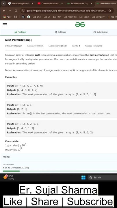 GfG 160 | Day - 5 | Next Permutation | 160 Days Daily DSA| Hindi #dsa #160daysofdsa #gfg - YouTube