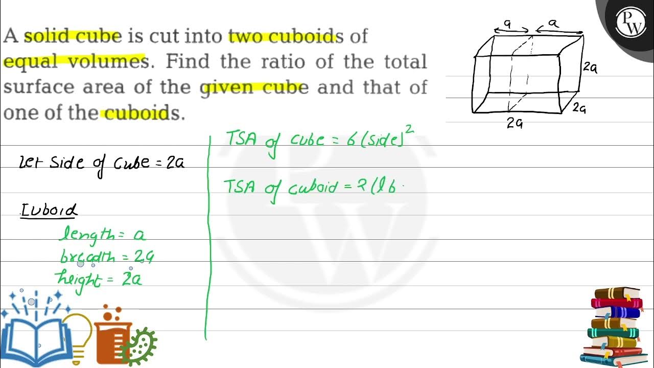 A solid cube is cut into two cuboids of equal volumes. Find the ratio of the total surface area ...