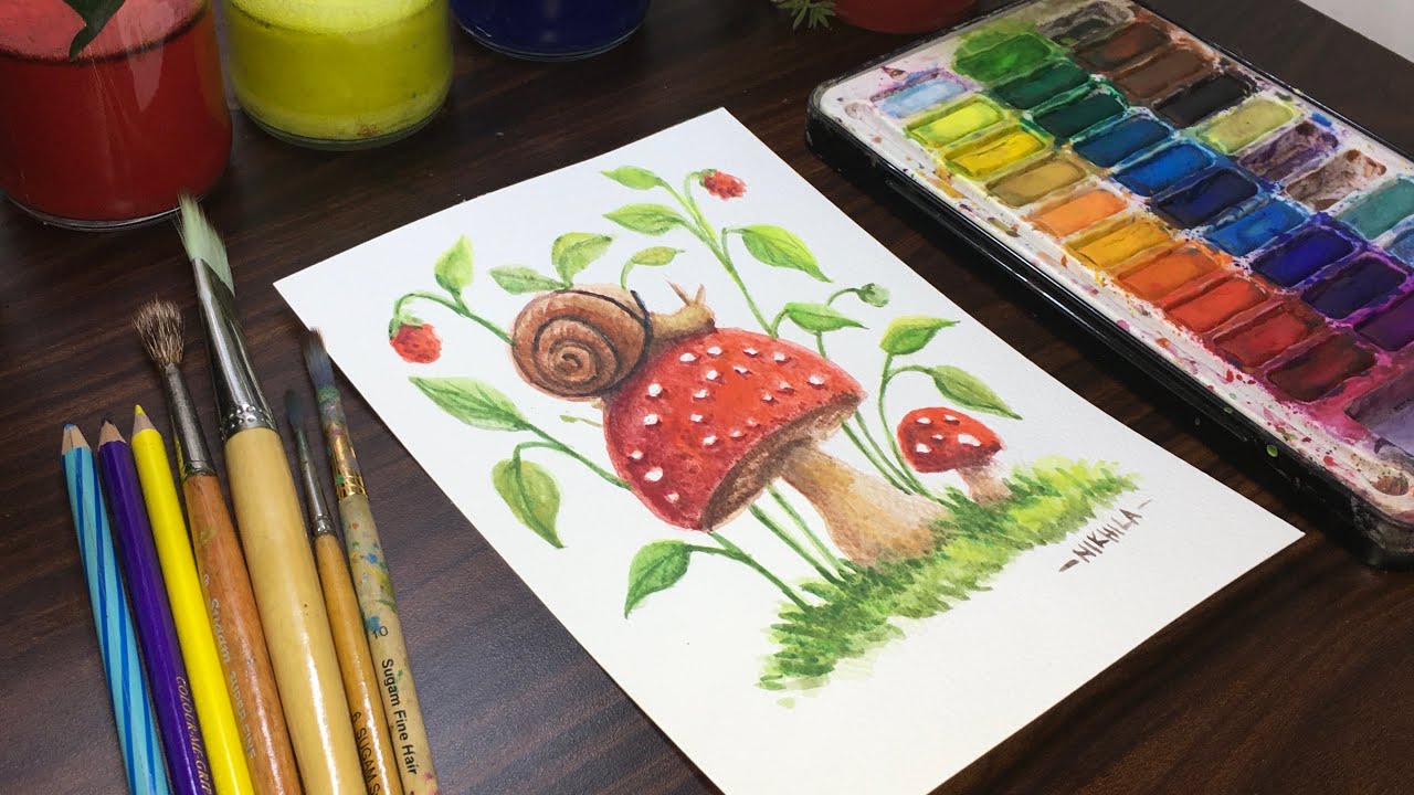 How to draw and paint snail and mushroom with watercolours ( botanical ...