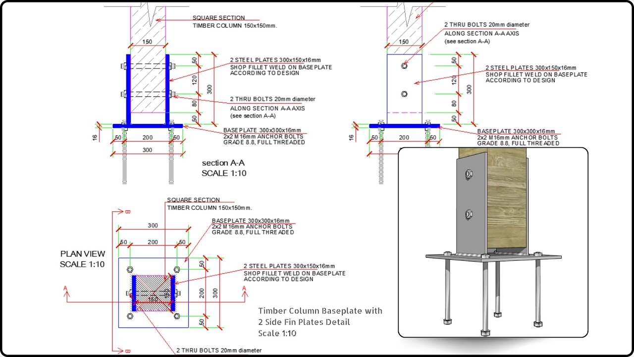 Timber Column Two Sides Baseplate Support - YouTube