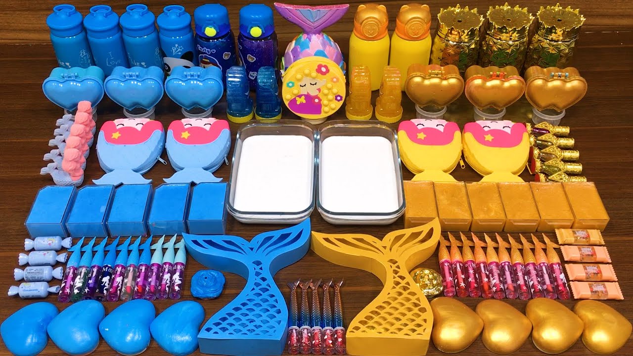 BLUE vs GOLD MERMAID! Mixing random into GLOSSY slime!Satisfying Slime ...