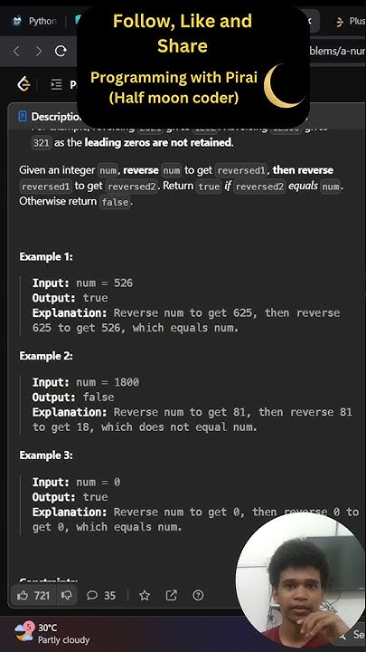 Leetcode - 2119 | A Number after a Double Reversed | Programming with Pirai | Half Moon Coder ...