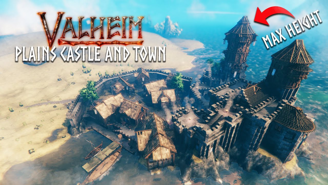 Valheim - Massive Castle + Town {max height tower} - YouTube