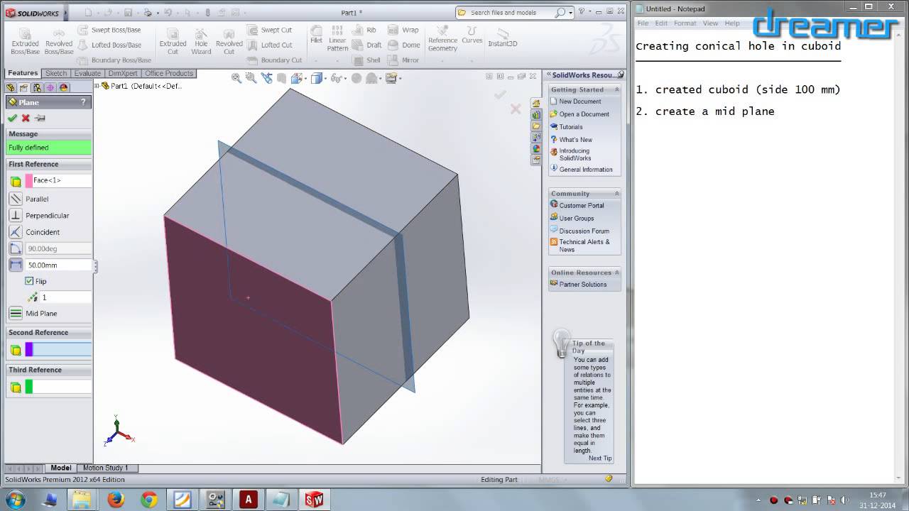 SolidWorks - making a conical hole in cuboid - YouTube