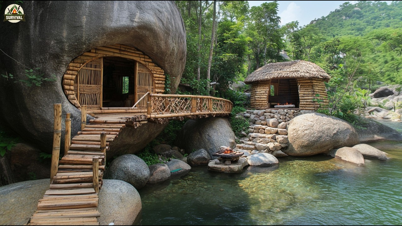 Alone in the Deep Forest: Building a Wooden House Under a Giant Rock ...