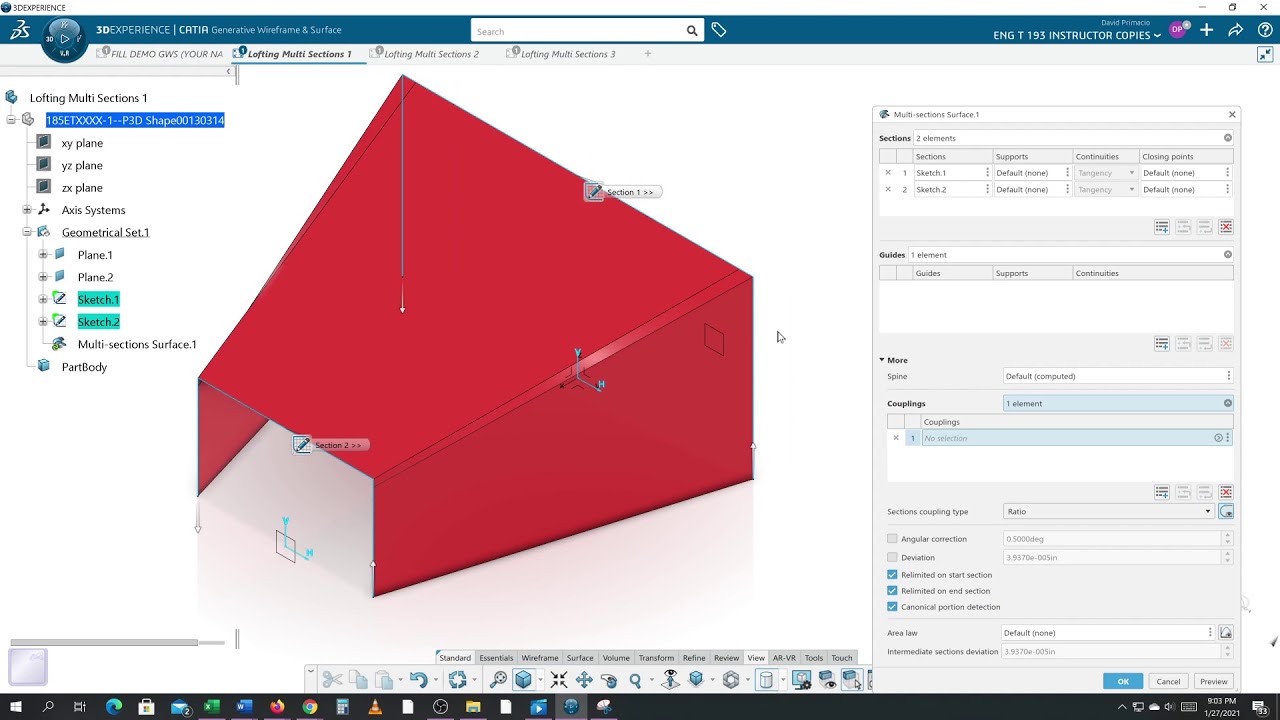 Lofting Multi-Sections Surface 1 CATIA 3DExperience - YouTube